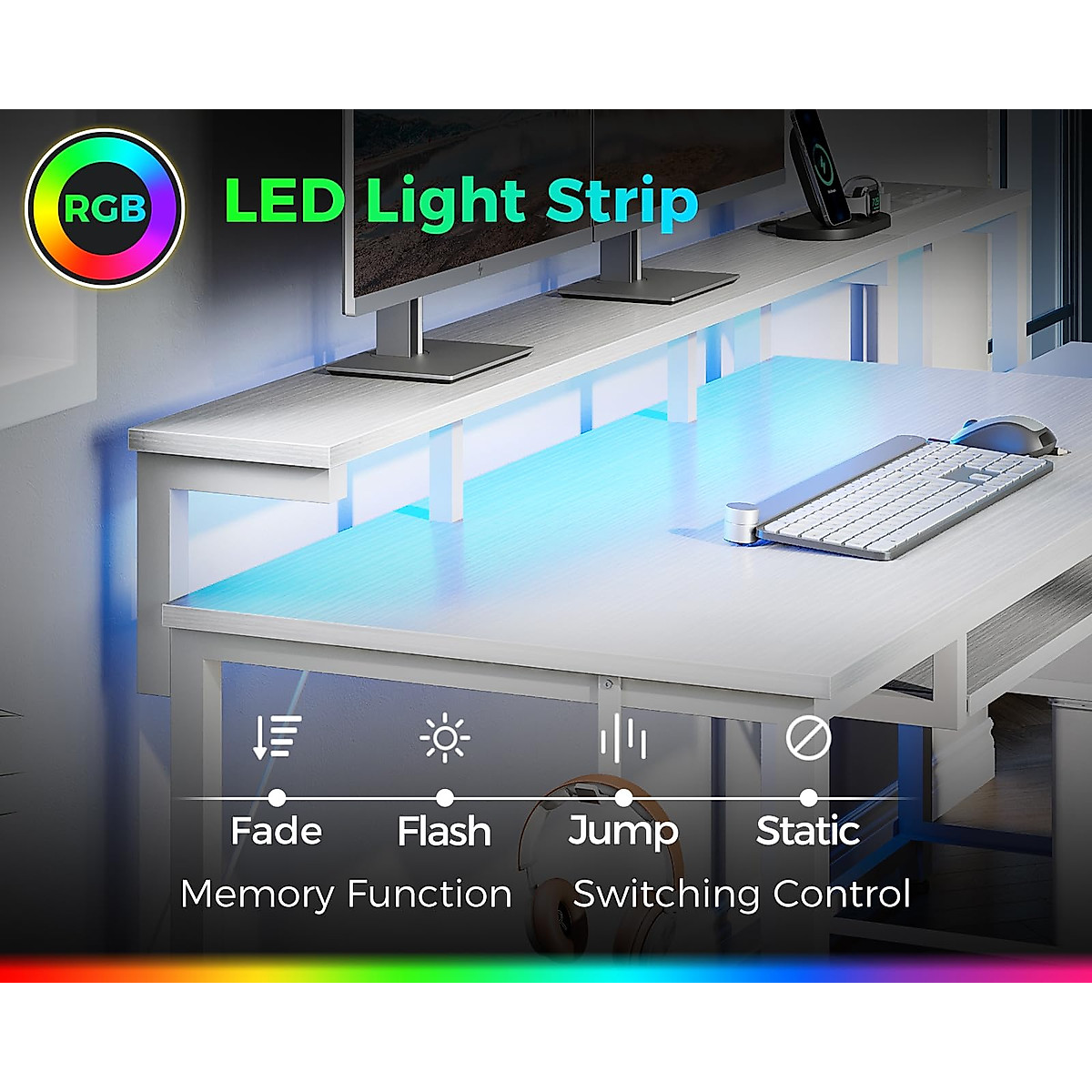 AODK 55" Computer Desk with Fabric File Cabinet and Drawer, Reversible Office Desk with Power Outlet and LED Light, Study Desk with Printer Stand, Keyboard Tray, Full Monitor Riser and PC Stand, White