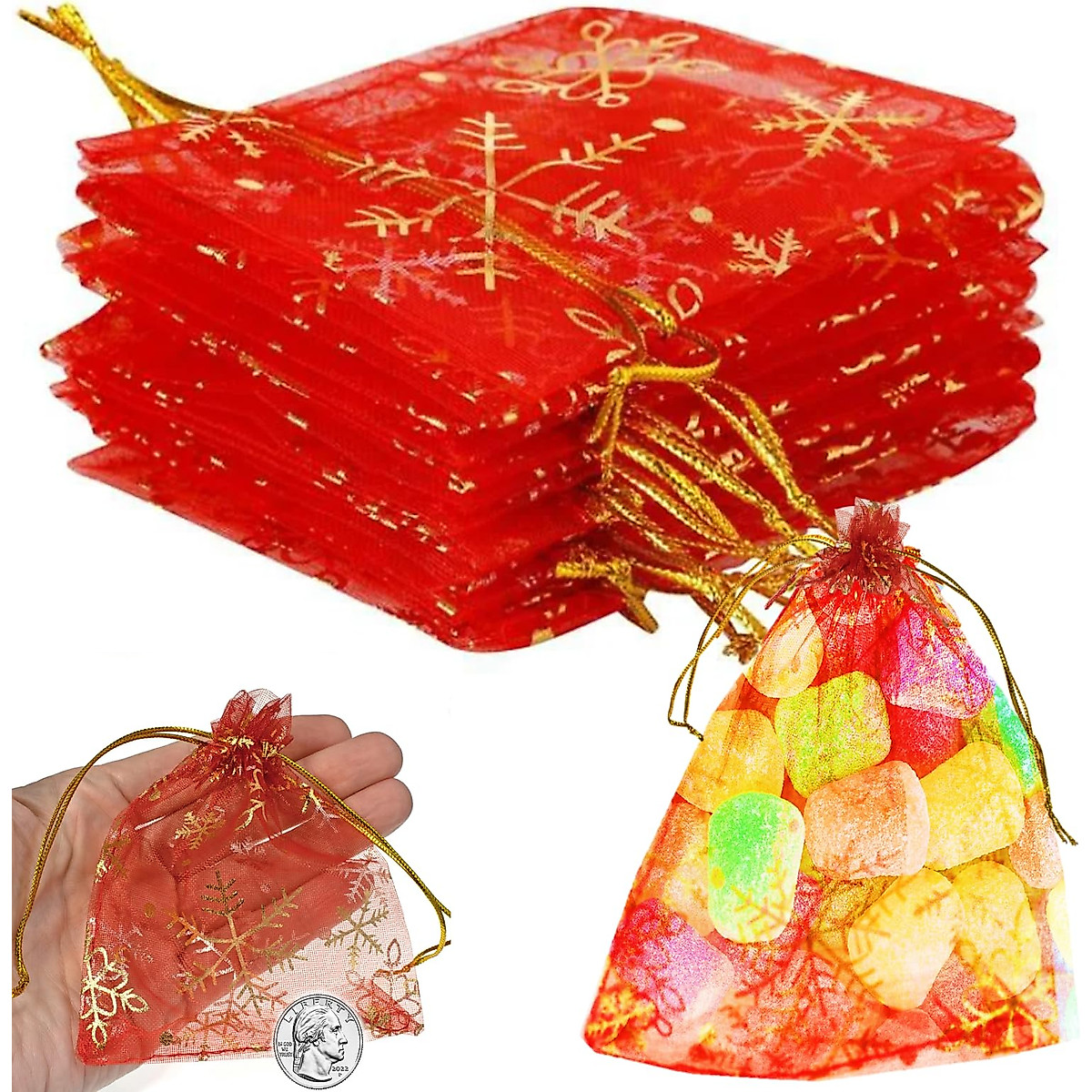 TEXASDELUXE Red Gold Snowflake Small Organza Bags with Drawstring 2x3 40 pack Tiny Small Drawstring Bags 2x3 for Party Wedding Goodies Candies & Jewelry Small Mesh Bags Drawstring 2x3