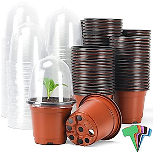 BEWAVE Plant Nursery Pots with Humidity Dome, 100 Sets Indoor Gardening Pot Planting Containers Starter Seed Starting Containers Planters with 100 Pcs Plant Labels, 3.5"
