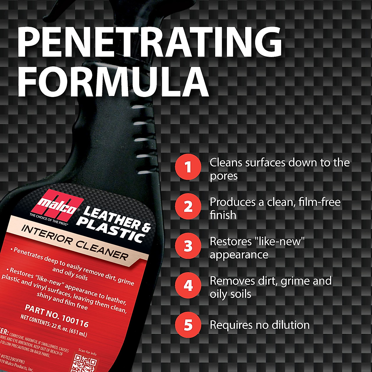 Malco Leather & Plastic Cleaner – Penetrates Deep to Remove Dirt, Grime and Oily Soils/Restores Leather, Plastic and Vinyl/Leaves Surfaces Clean, Shiny and Film-Free / 1 Gallon (100101)