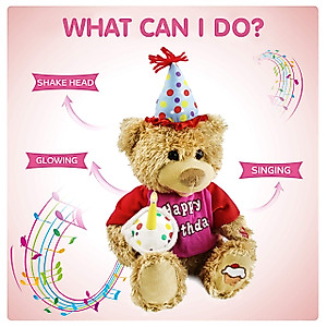 Houwsbaby 13.5'' Birthday Teddy Bear Interactive Stuffed Animal Electric Singing Musical Plush Toy with Cupcake, Glow Candle Teddy Bear Presents for Kids Girls Boys Birthday Holiday