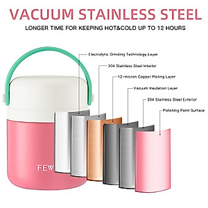 FEWOO Food Jar, 13.5oz Insulated Lunch Soup Container for Hot Cold Food for Kids Adults, Leak Proof Vacuum Stainless Steel Food Jar with Folding Spoon for School Travel Outdoors (Green-Pink)