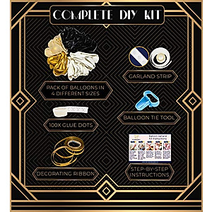 100pc EASY DIY – Black White Gold Balloon Garland Kit & Arch – Small and Large Black White and Gold Balloons with Confetti – Black and Gold Party Decorations for Graduations, New Years, Birthday