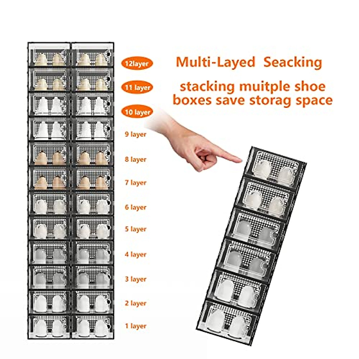 JOCHER 12 Pack Shoe Storage Boxes Black,Clear Plastic Stackable Shoes Organizer for Closet,Sneaker Storage Bins with Lids,Shoe Storage Containers for Under Bed,Entryway,Closet Floor,Space Saving