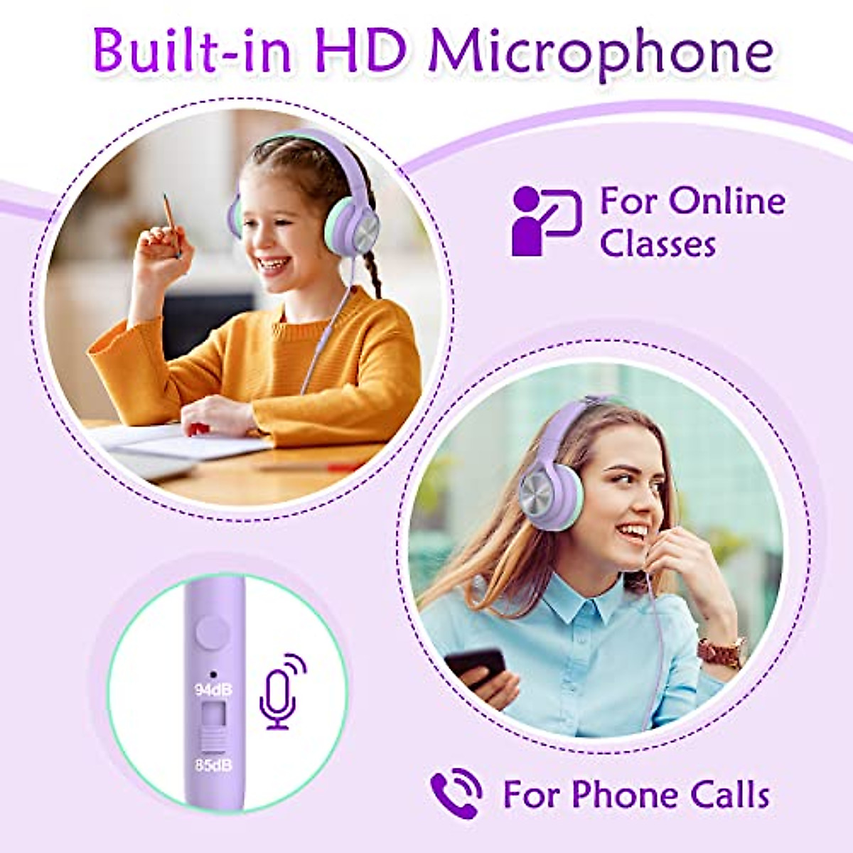 Kids Headphones with Microphone, Wired Headsets for Children Teens Boys Girls with 85dB/94dB Volume Limit, Foldable Adjustable for School, Travel, 3.5mm Audio Jack for iPad, Tablet, PC, Chromebook