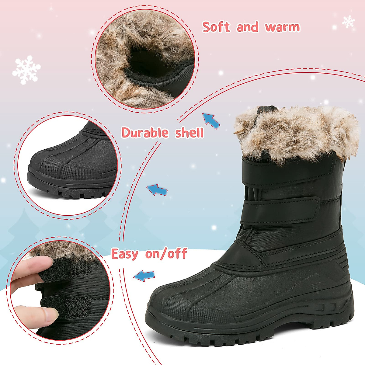 Kids Snow Boots Boys Girls Mid Calf Winter Boots Anti-Slip Outdoor Warm Boots With Fur Lined（/Little Kid/Big Kid）