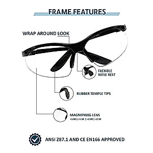 Full Lens Magnifying Safety Glasses - Safety Reading Glasses for Men, Women, Work, Healthcare, Riding - with Black Lightweight Wrap-Around Frame - Z87.1 Certified - UV Protection - Clear Lens, 1.50