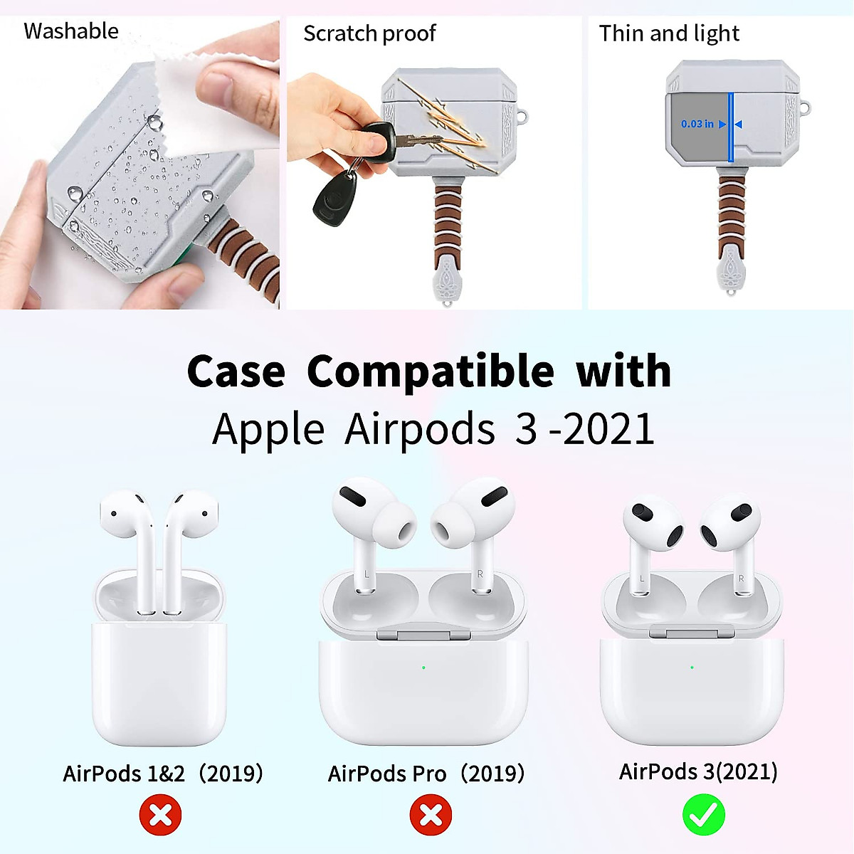 AIBEAMER 7In1 Accessories for Thor AirPods 3rd Case with Keychain, 3D Funny Anime Cartoon Silicone Cover Fashion Cool Protective Cover for Airpod 3rd Generation for Kids Boys Girls- Thor Hammer