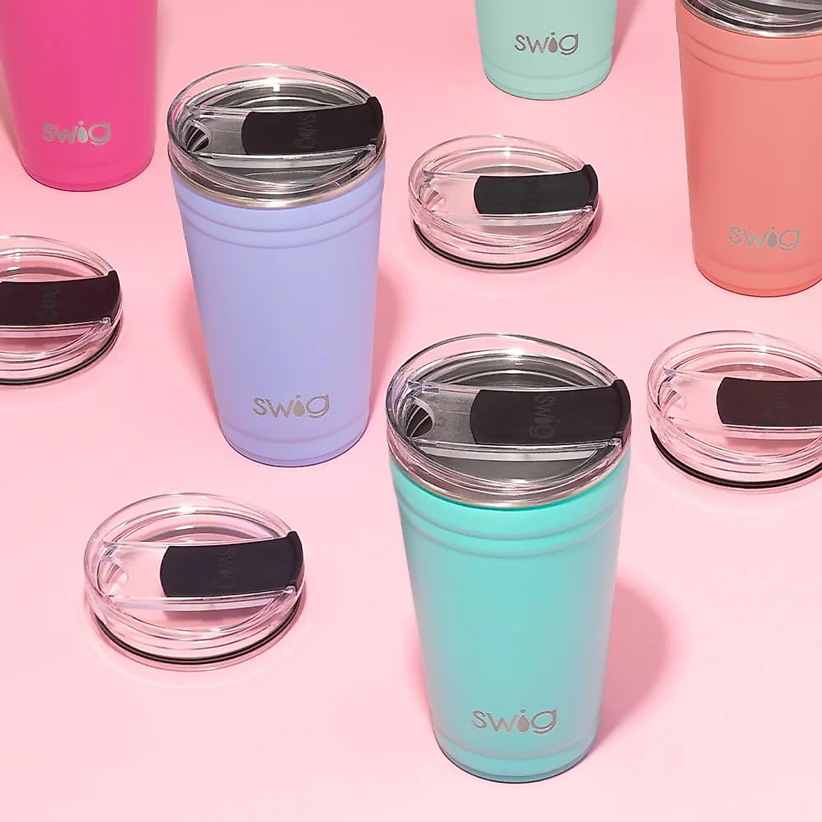 Swig Life 24oz Party Cup, Stackable Insulated Travel Coffee Tumbler with EZ Slider Lid, Cup Holder Friendly Travel Thermos, Stainless Steel 24 oz Tumbler, Reusable Coffee Mug (Coral)