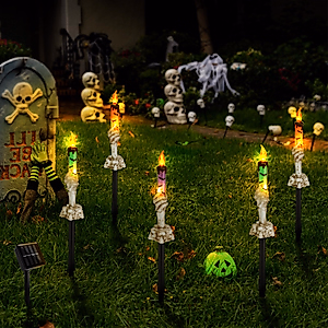 Solar Halloween Pathway Lights Outdoor 5 Pack Solar Halloween Stake Lights Skeleton Hands Hold Candle 2 Modes Halloween Decorations Halloween Walkway Lights for Halloween Garden, Yard, Lawn Decor
