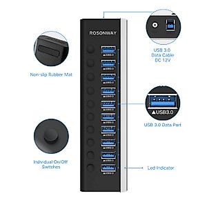 Powered USB Hub, Rosonway Aluminum 10 Port USB 3.0 Data Hub with 36W (12V/3A) Power Adapter and Individual On/Off Switches USB Splitter(RSH-A10)
