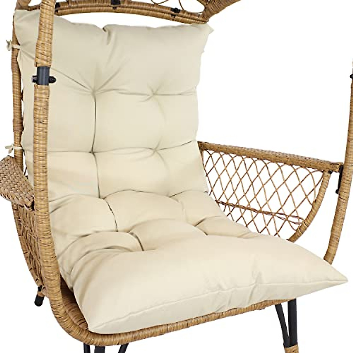Sunnydaze Shaded Comfort Wicker Outdoor Egg Chair with Legs - Plush Polyester Cushion - 250-Pound Weight Capacity - for Patio, Front Porch, or Backyard - Beige