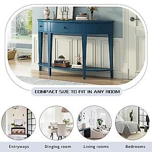 Modern Curved Console Table Sofa Table with 3 Drawers and Bottom Shelf, Wood Buffet Sideboard Accent Storage Cabinet for Hallway Entryway Living Room (Navy Blue 006)