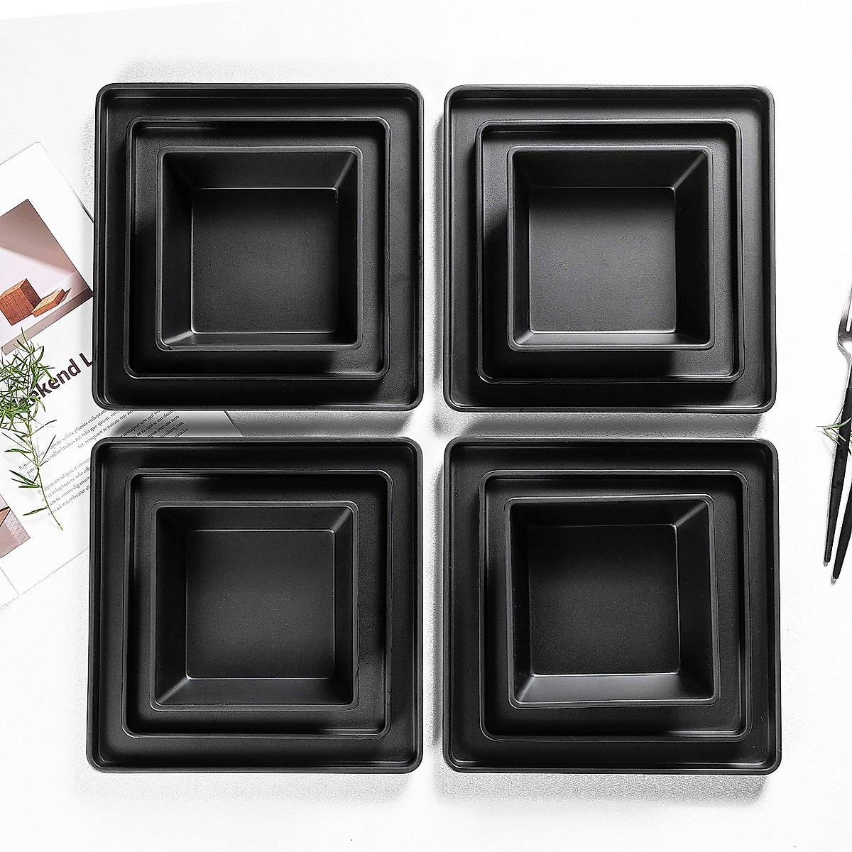 Yinshine Melamine Dinnerware Sets - 12pcs Square Plates and Bowls Set, Dishes Set, Black