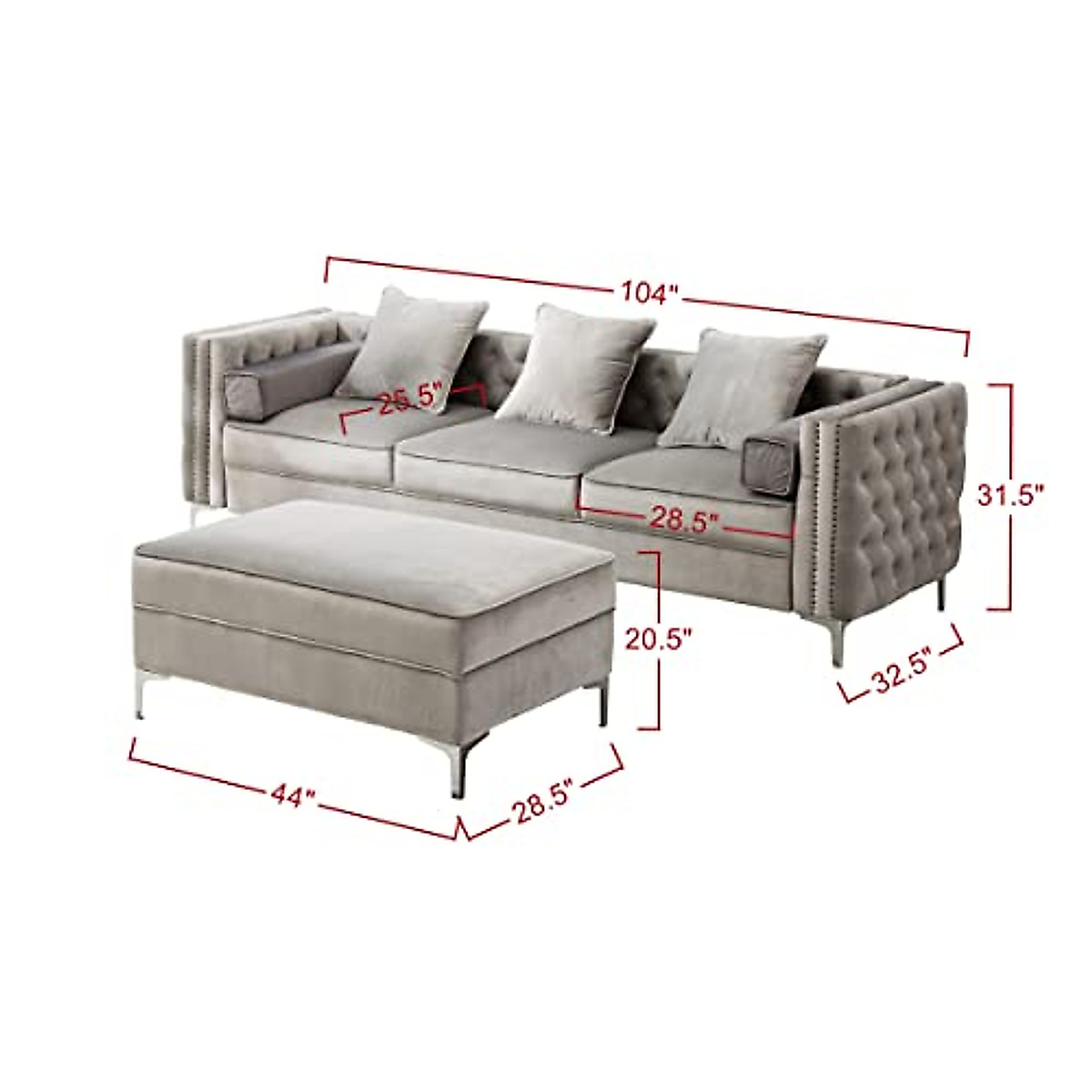 Legend Vansen Reversible L Shaped Velvet Sofa Chaise with Ottoman for 3seats Large Size Sectional, Grey