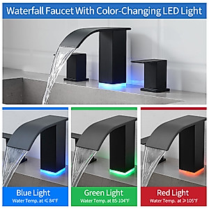 RUMOSE LED Bathroom Faucets Set Matte Black 8 inch Bathroom Sink Faucet 3 Hole with Pop Up Drain Widespread Lavatory Waterfall Vanity Faucet with 3 Colors Light Changing Stainless Steel Deck Mounted