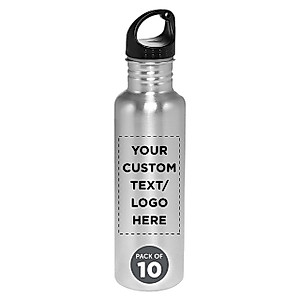 DISCOUNT PROMOS Custom Stainless Steel Water Bottles 26 oz. Set of 10, Personalized Bulk Pack - Reusable, Leak Proof, Perfect for Gym, Hiking, Camping, Outdoor Sports - Silver