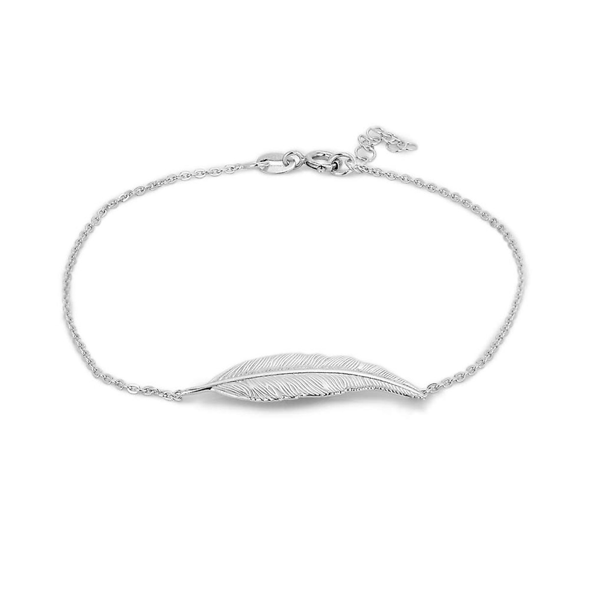 Vanbelle Sterling Silver Jewelry - Rhodium Plated with 925 Stamp - Feather Charm Anklet - Elegant handcrafted Chain Anklet for Women - 9" long + 1" extender