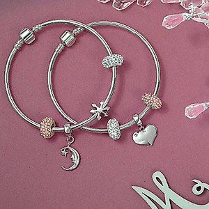 Personalized Initial Simple European Charm Bangle Bracelet for Women Teens .925 Sterling Silver Round Barrel Clasp Customizable