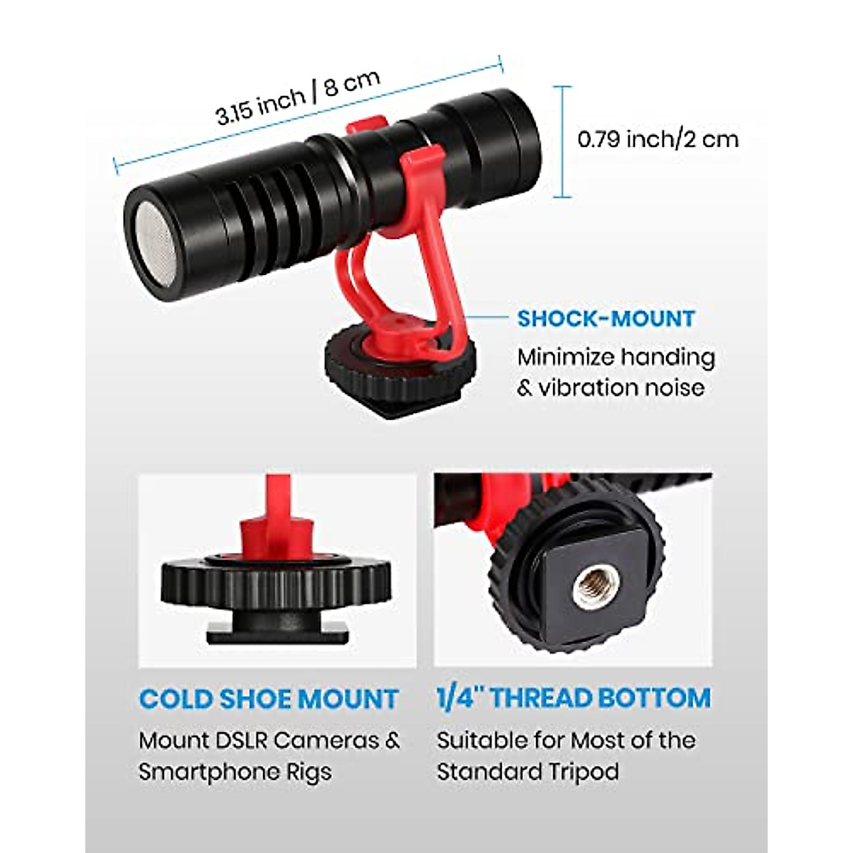 Moukey MCM-1 Video Microphone, Camera Microphone with Shock Mount, Windshield, Professional Vlogging Kit for iPhone, Android Smartphone, DSLR Camera & Camcorder, Battery-Free Shotgun Mic