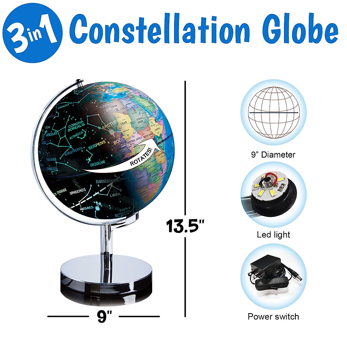 USA Toyz Illuminated Globe of the World with Stand - 3in1 World Globe, Constellation Globe Night Light, and Globe Lamp with Built-In LED, Easy to Read Texts, and Non-Tip Base, 13.5 Inch Tall
