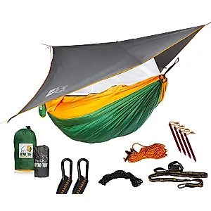 Ryno Tuff XL 2 Person Camping Hammock with Mosquito Net & Rain Fly - Compact Double Hammock with Bug Net, Tarp, Pocket, Tree Straps & Heavy Duty Carabiners - Parachute Grade Nylon Holds Over 600lbs