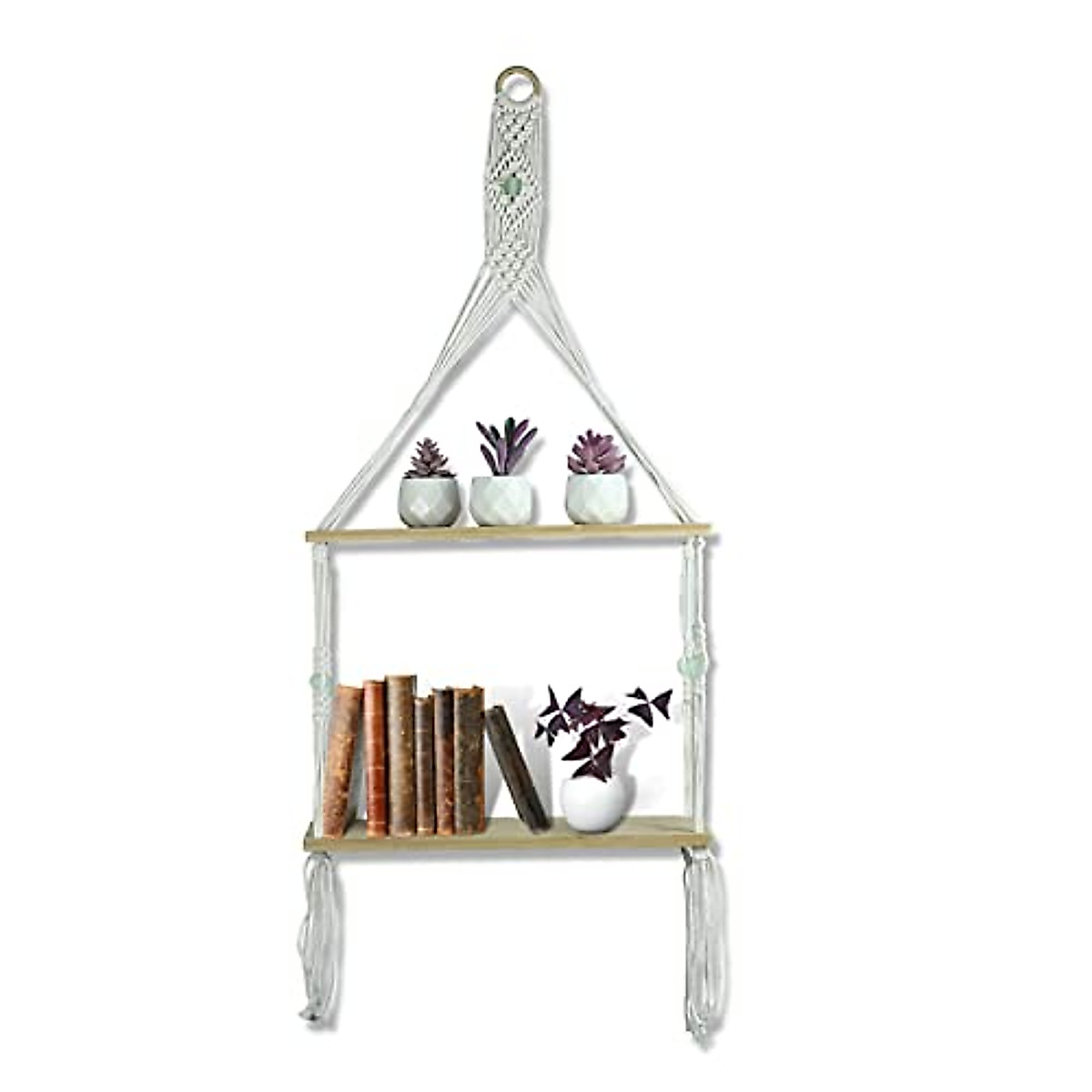 Macrame Bamboo Shelf with Sea Glass for Wall Hanging -2 Tier w/Beads - Unique Woven Boho Home Organizer Decor, Floating Storage for Small Plants, Handmade Cotton Rope-Bedroom, Living Room, Bathroom