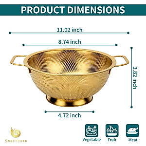 Snailhouse Colander, 3 Quart Stainless Steel Pasta Rice Food Metal Strainer with Handles and Self-draining Base for Kitchen, Gold