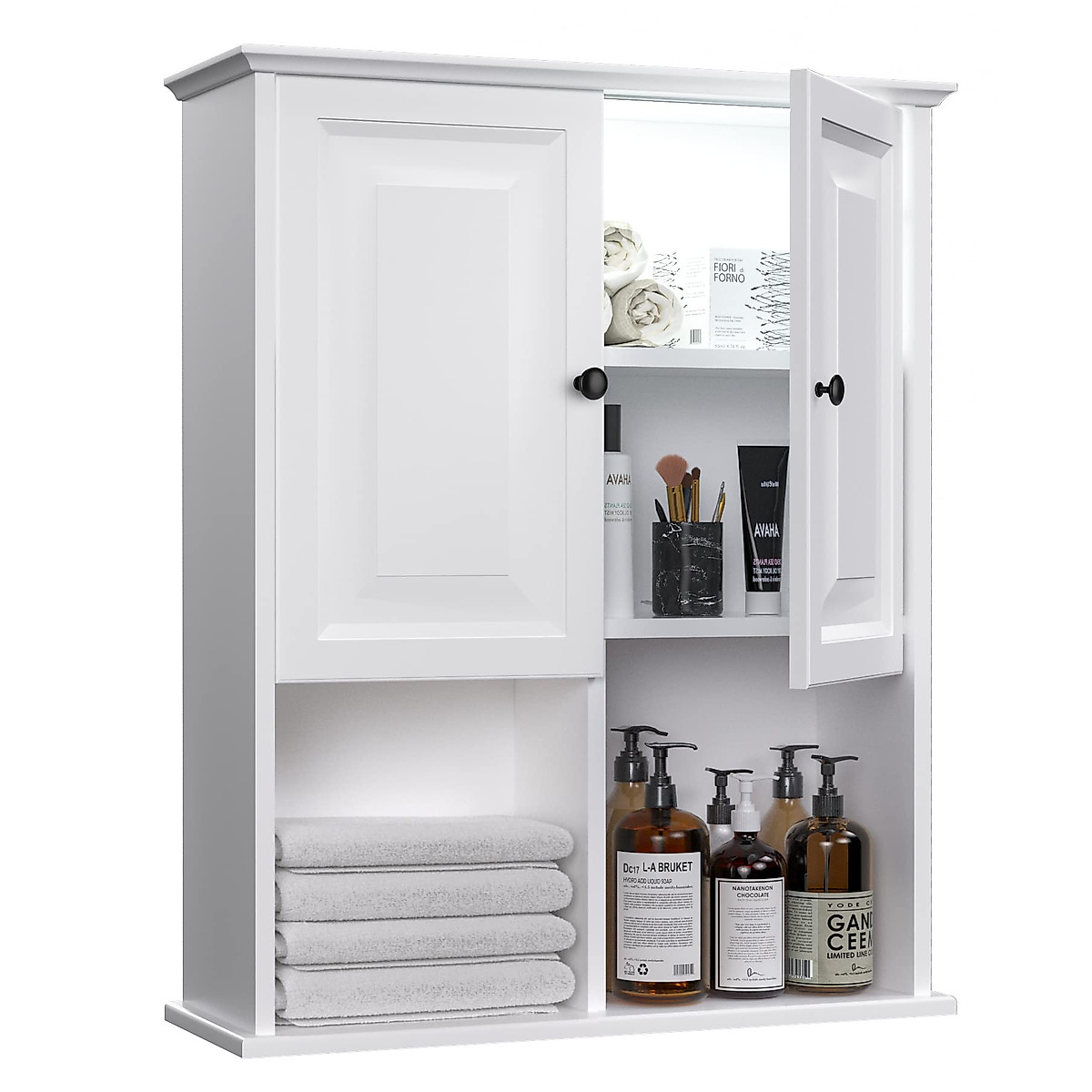 HAIOOU Bathroom Wall Cabinet with Motion Sensor LED Light, Wooden Medicine Cabinet Wall Mounted Cupboard, Over Toilet Storage Cabinet with Buffering Hinges and Adjustable Shelf - Modern White