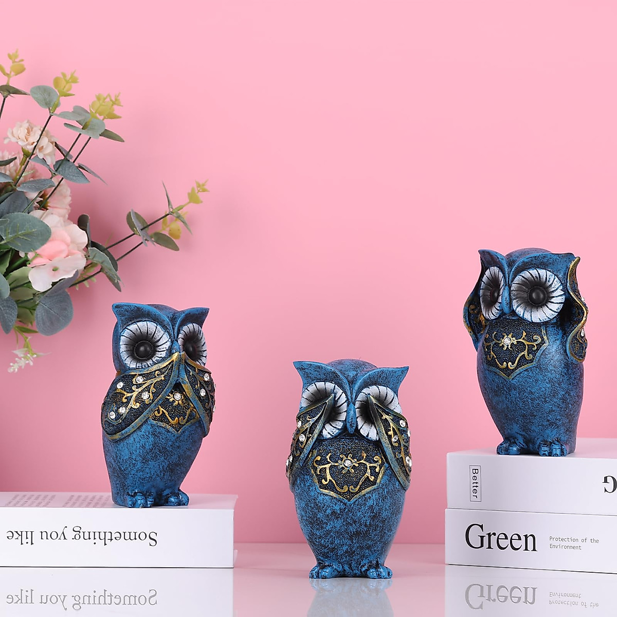 Owl Statue 3 Piece Set, Don't Look, Don't Hear, Don't Tell Owl Decor, Three Wise Owl Figurines for Shelf Decor, Living Room Bedroom Room Decor, Blue and Gold Home Decor