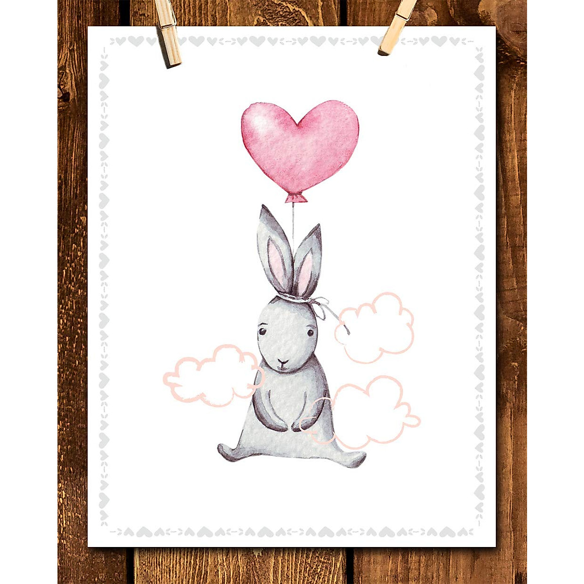 TJ Originals - Children's Nursery Bunny Wall Art - Unframed 11 x 14 Cute Colour Print - Makes a Great Gift for Family and Friends - Unique New Baby Gift, Under $20 Gift (Bunny Pink Balloon)