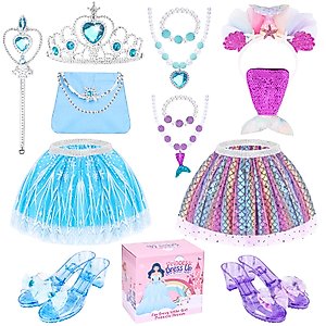 Princess Dress Up Shoes and Jewelry Boutique -Girls Pretend Play Set w Cloak & Tutu Skirt, 3 Pairs Princess Shoes Pretend Accessories Toddlers Beauty Birthday Gifts Toys Years3+