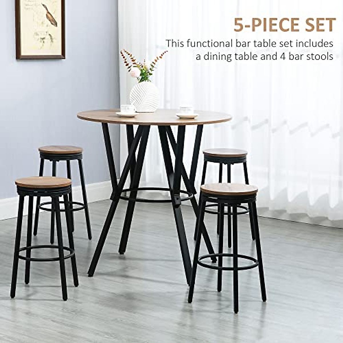 HOMCOM 5-Piece Bar Table and Chairs Set with Swivel Seat, Industrial Round Kitchen Table and 4 Bar Stools for Pub, Dining Room, Light Brown