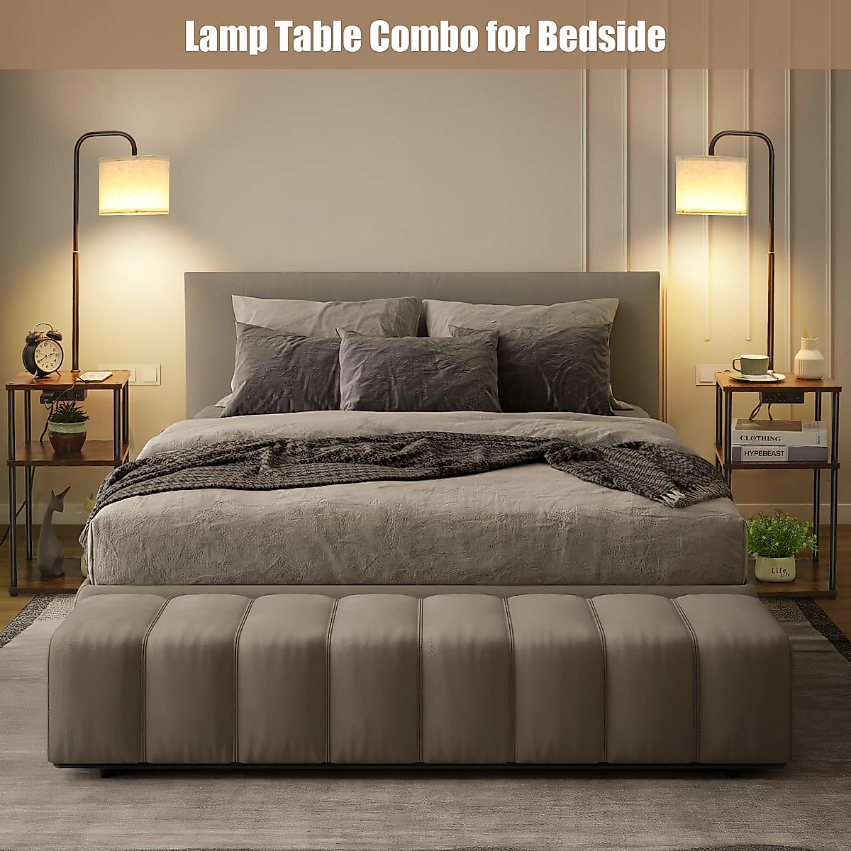 Hitish Floor Lamp with Table, Rustic End Table Lamp with USB Charging Port, Power Outlet & Shelves, Side Table Reading Light with Adjustable Color Temperatures & Brightness for Bedroom, Living Room