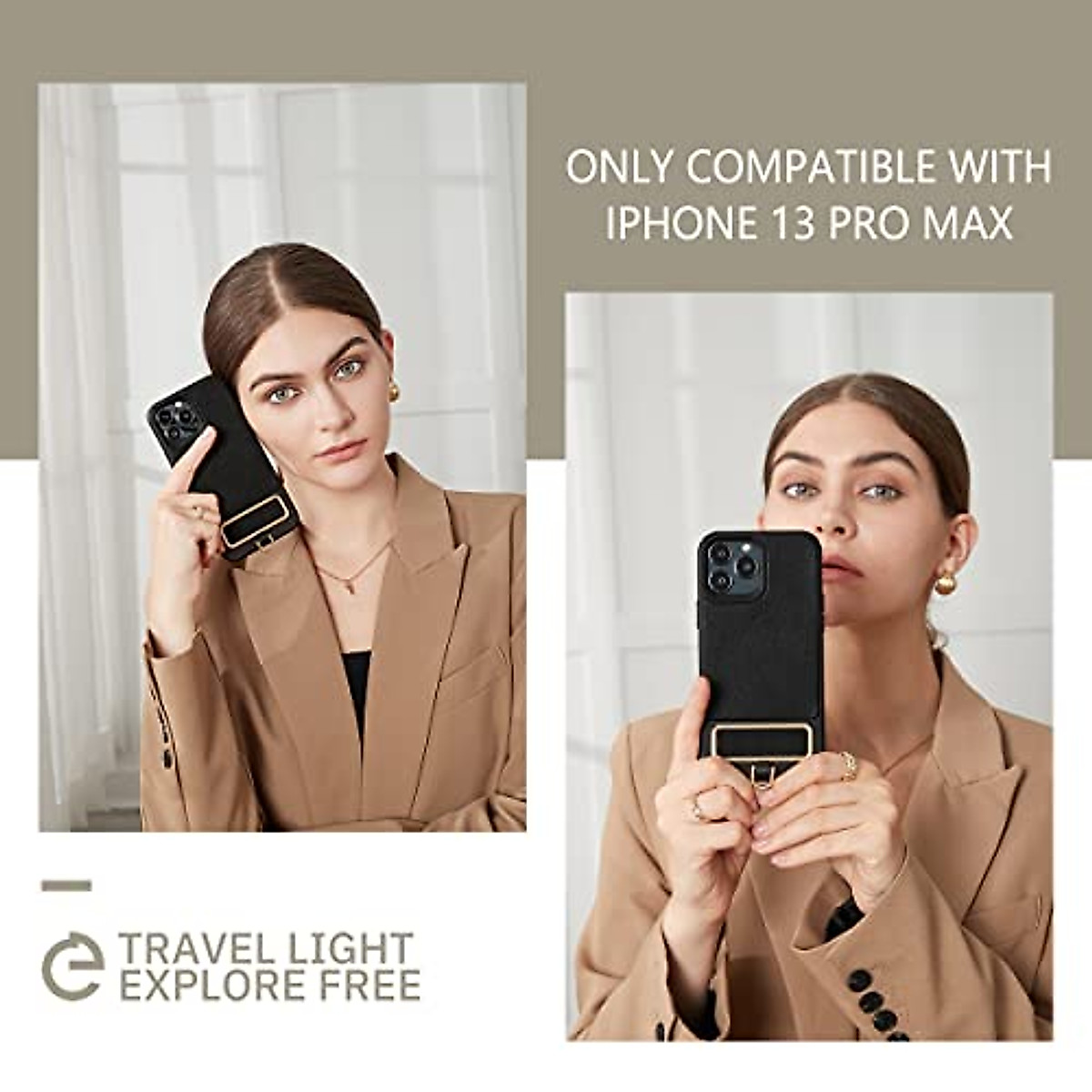 CUSTYPE for iPhone 13 Pro Max Crossbody Case with Strap Lanyard, Designer Leather Protective iPhone Case with Stand for Women, Two Ways Metal Kickstand Shockproof Slim Case, 6.7 Inch, Black