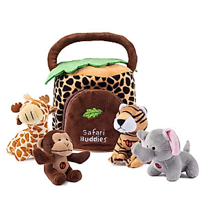 Talking Plush Jungle Animals Set: 4 Soft Safari Toys - Elephant, Monkey, Giraffe, Tiger & Jungle House Carrier