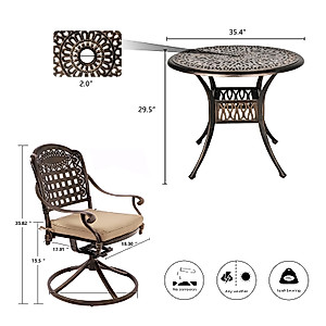 Grepatio 5 Piece Outdoor Dining Set Cast Aluminum Patio Dining Set Table and Chairs Outside Furniture 4 Mesh Swivel Chairs with Khaki Cushion and 1 Umbrella Round Dining Table for Lawn Garden Patio
