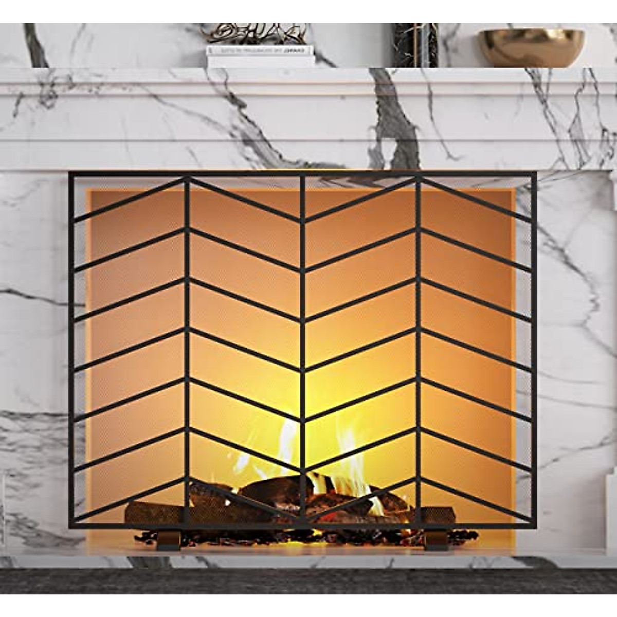 Fire Beauty Single Panel Handcrafted Wrought Iron Mesh Chevron Fireplace Screen, Fire Spark Guard for Living Room, Bedroom Décor