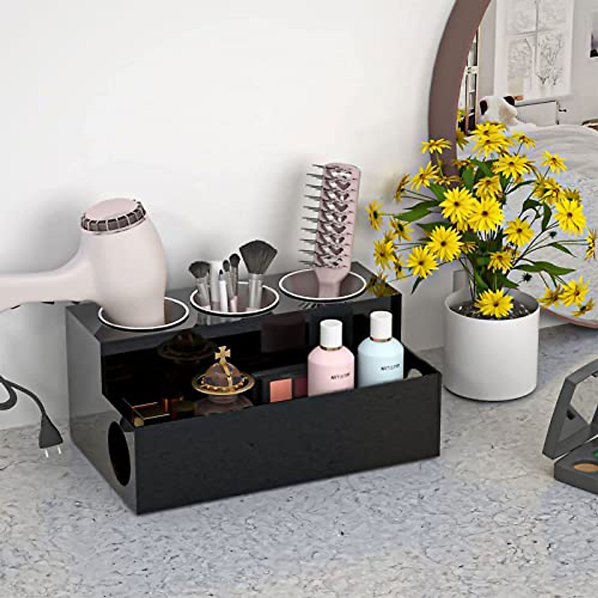 Sequpr Bathroom Blow Dryer Holder Black Vanity Organizers and Storage Stand, Acrylic Hair Tool Table Organizer Counter for Hairdryer, Makeup Brush, Toiletries