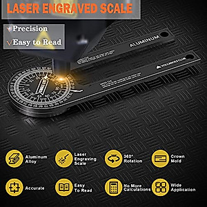 VOLCANOES CLUB Aluminum Angle Finder Gauge- 7’’ Miter Saw Protractor with Precision Laser Scales for Crown Molding - Rust Proof Woodworking Cutting Guide Tool for Carpenters, Plumbers, Building Trades
