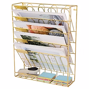 superbpag Hanging File Organizer 5 Tier Wall Mount Document Letter Tray Storage Rack for Office Home Dormitory, Gold