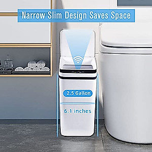 BIGEBAN Touchless Bathroom Trash Can with Lid, 2.5 Gallon Slim Smart Garbage Can, Automatic Motion Sensor Trash Can for Bathroom, Kitchen, Office, Bedroom, Living Room, Toilet (White)
