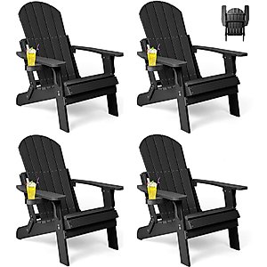 Folding Adirondack Chairs Set of 4, All Weather Resistant Plastic Chairs with Cup Holder, Fold or Unfold Easily in 1 Second, Outdoor Chairs for Patio, Garden, Backyard Deck, Lawn Fire Pi t- Black