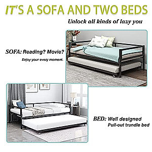 DUMEE Metal Daybed Frame with Trundle, Multifunctional Mattress Foundation/ Day Bed Sofa with Headboard, Easy Roll in-Out Trundle Bed (Twin, Black)