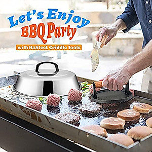 HaSteeL 12In Cheese Melting Dome & 7In Cast Iron Grill Press, Stainless Steel Basting Cover with Heavy Duty Burger Bacon Press, Griddle Accessories for Teppanyaki Flat Top Stovetop Indoor & Outdoor