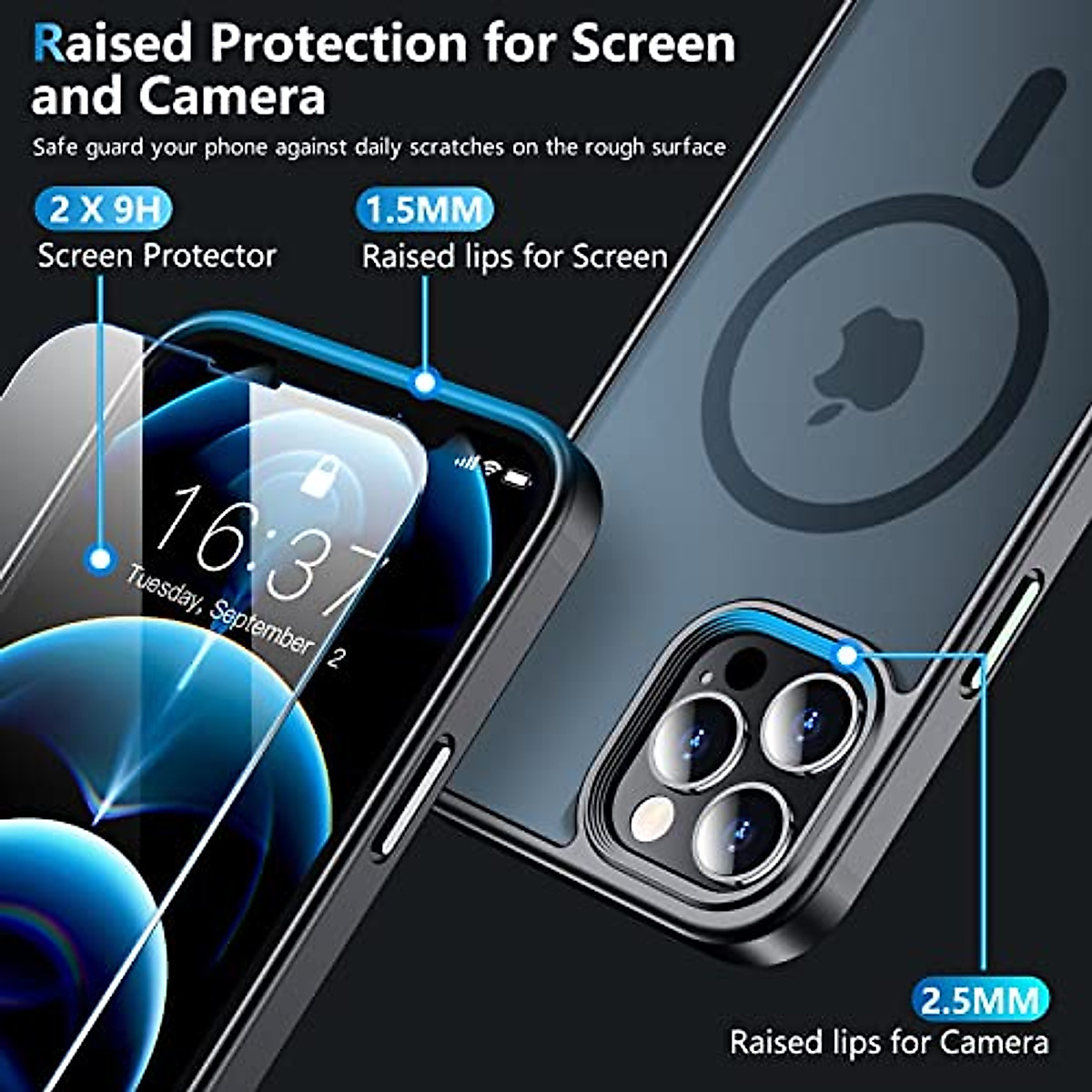 femrit Magnetic Case for iPhone 12 Pro Max Case, [Compatible with MagSafe] [2 Pcs Tempered Glass Screen Protector] [Translucent Matte] Military Grade Drop Shockproof Phone Case 6.7 inch - Black