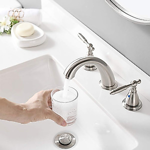 Phiestina 8 Inch 3 Holes Brushed Nickel Low Arc Widespread Bathroom Sink Faucet, 2 Handles Bathroom Faucet with Stainless Steel Pop Up Drain, WF008-4-BN