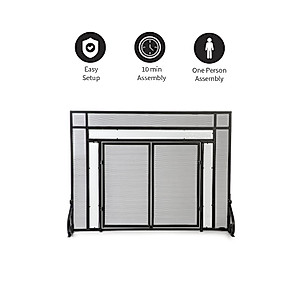 Plow & Hearth Metal Fireplace Screen Glass Flatguard Black | 38" W x 31" H | 2 - Door | Spark Guard Indoor Grate | Iron Fire Place Cover | Wood Burning Stove Decorative Accessories