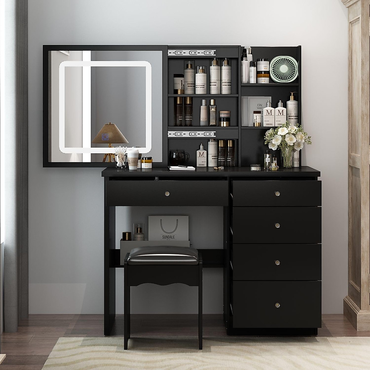 MOUMON Vanity Desk with Sliding Lighted Mirror, Vanity Mirror Makeup Desk with Drawers and Shelves, Vanity Mirror and Lights, Cushion Stool, Black