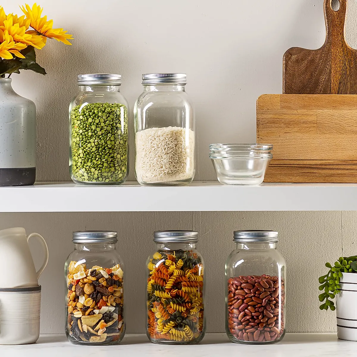 [6 Pack] 32 oz. Regular-Mouth Glass Mason Jars - with Metal Airtight Lids and Bands 1 quart Large for Canning, Preserving, & Meal Prep